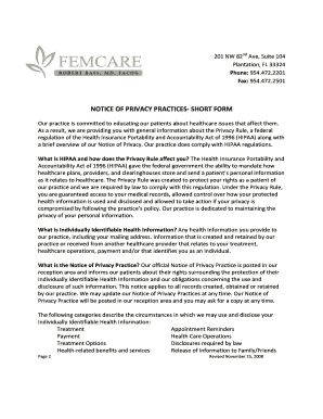 Fillable Online NOTICE OF PRIVACY PRACTICES- SHORT FORM Fax Email Print ...