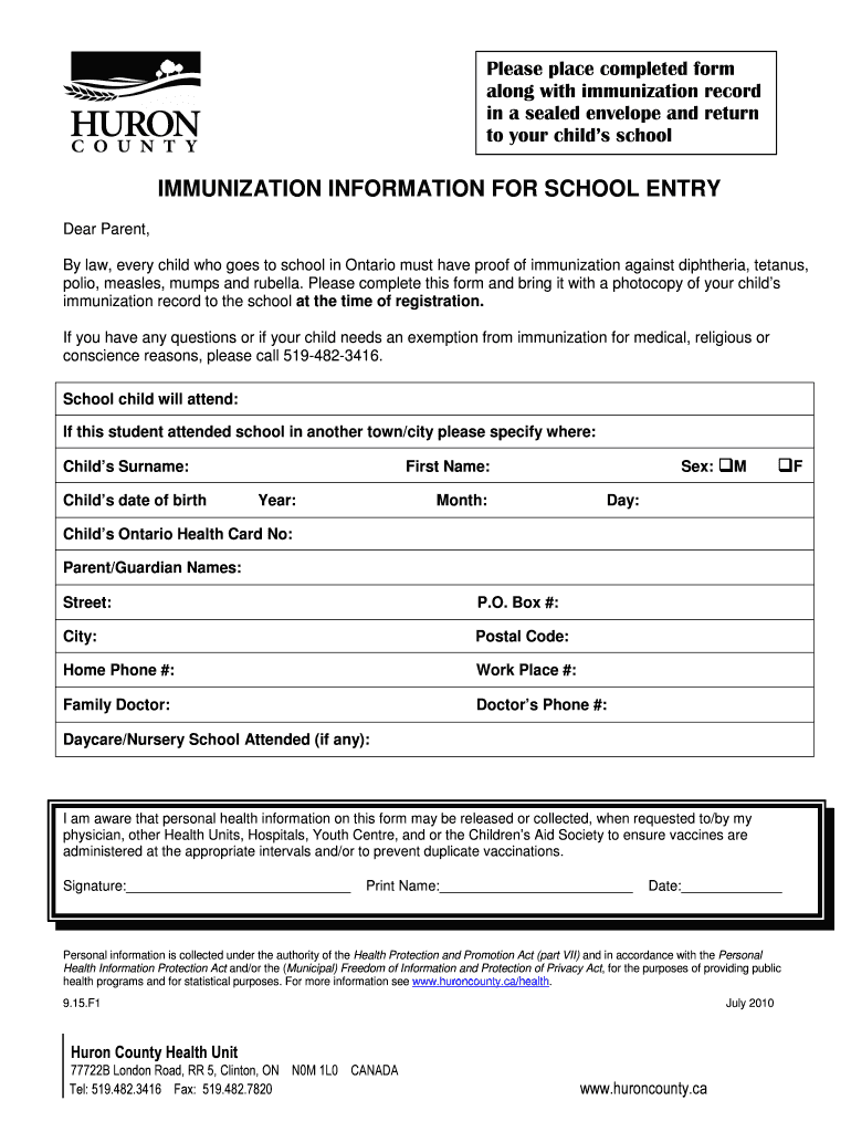 Fillable Online 9.15.F1 Imm Info School Entry Form 2 Fax Email Print ...