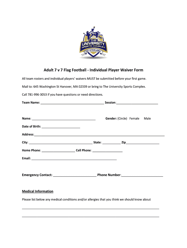 Fillable Online Adult 7 v 7 Flag Football - Individual Player Waiver ...