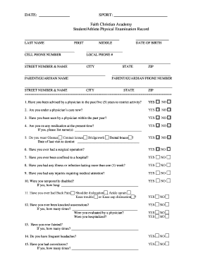 Fillable Online Student Athlete Physical Examination Record - Faith ...