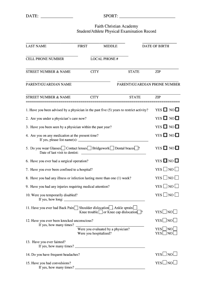 Fillable Online Student Athlete Physical Examination Record - Faith Christian ... Fax Email ...