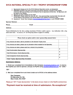Fillable Online SVCA Trophy Pledge Form 2011 Fax Email Print - pdfFiller