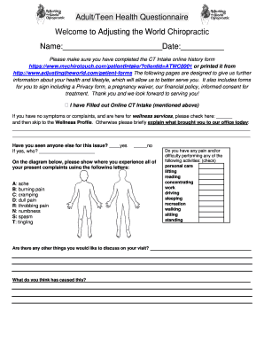 Fillable Online Adult/Teen Health Questionnaire Welcome to Adjusting ...