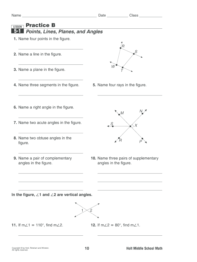 Fillable Online LESSON Practice B Points Lines Planes and Angles Fax ...