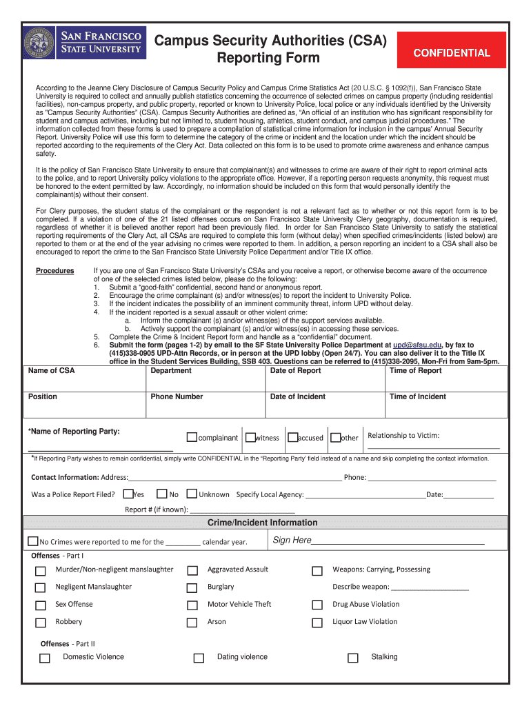 Fillable Online titleix sfsu Campus Security Authorities CSA Reporting ...