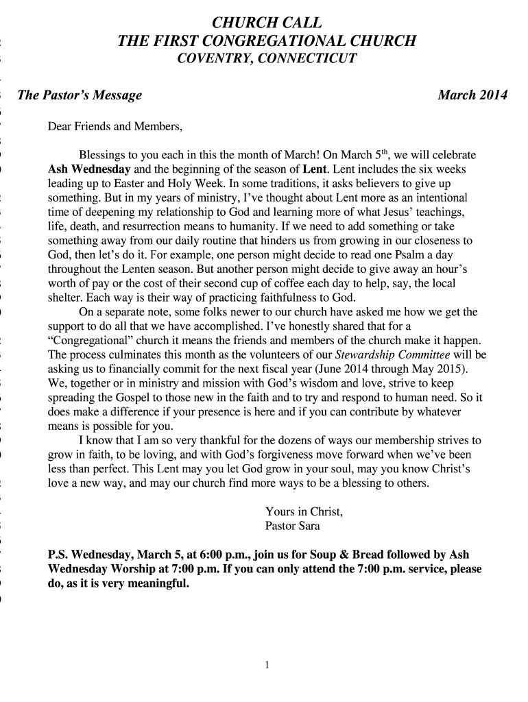 Fillable Online firstchurchcoventry Church call - The First ...