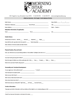 Fillable Online morningstaracademy PRESCHOOL INTAKE INFORMATION ...
