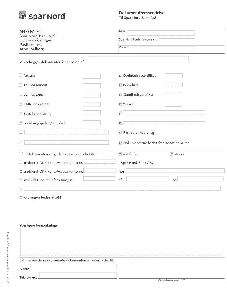 Fillable Online sparnord Dokumentfremsendelse - eksportremburs - Spar ...