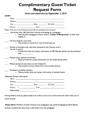 Fillable Online brithshalom Complimentary Guest Ticket Request Form Fax ...