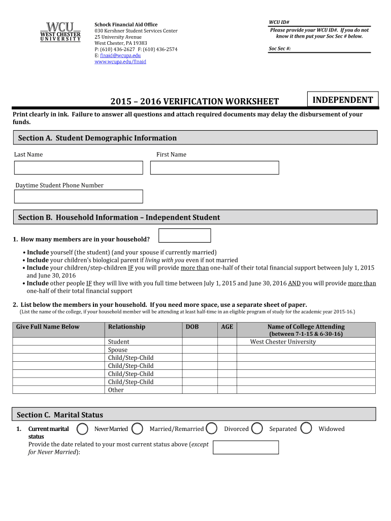 Fillable Online wcupa 2015-16 Independent Verification Worksheet - West Chester University Fax ...