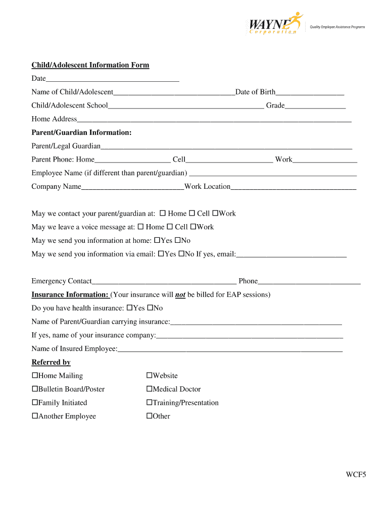 Fillable Online ChildAdolescent Information Form ParentGuardian ...