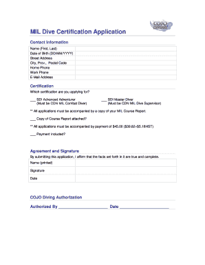 Fillable Online MIL Dive Certification Application - COJO Diving Fax ...