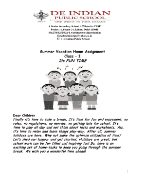 Fillable Online dipsrohini Summer Vacation Home Assignment Class I Its ...