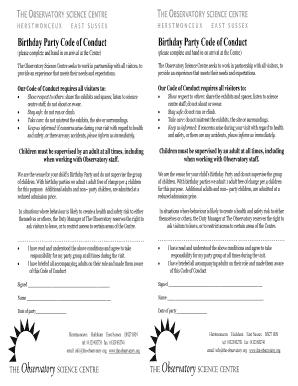 Fillable Online the-observatory Birthday Party Code of Conduct Birthday ...