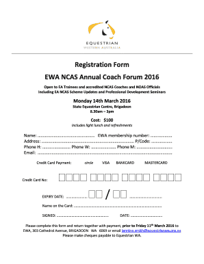 Fillable Online Registration Form EWA NCAS Annual Coach Forum 2016 Fax ...
