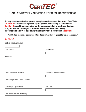 Fillable Online BCertTECb Work Verification Form for Recertification ...
