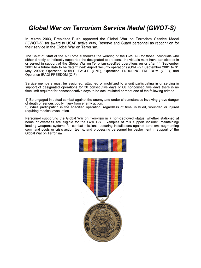 Fillable Online Global War on Terrorism Service Medal (GWOT-S) Fax ...