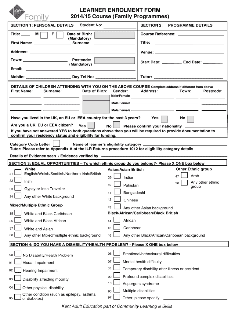 Fillable Online burham kent sch SECTION 1 PERSONAL DETAILS Student No ...