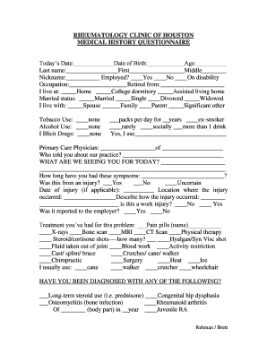 Fillable Online Medical History Questionnaire - Rheumatology Clinic of ...