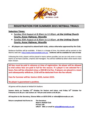 Fillable Online Registration for summer 2015 netball trials - Matrics ...