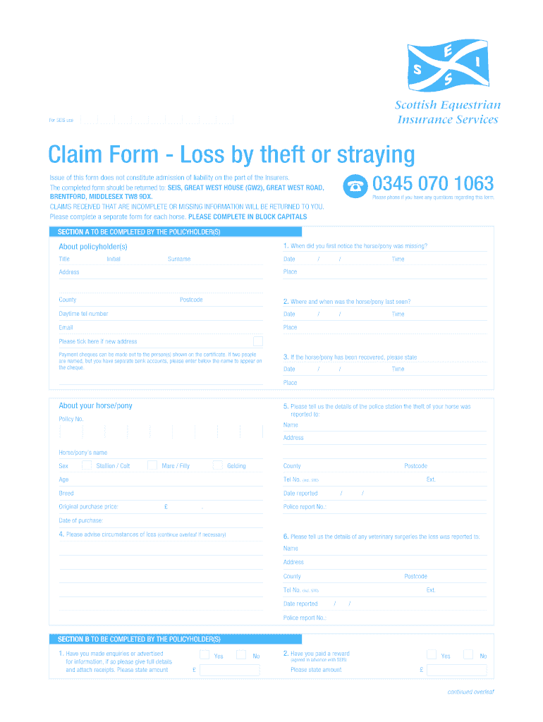 Fillable Online seisinsurance co For SEIS use Insurance Services Claim ...