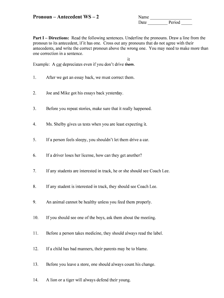 Fillable Online Pronoun Antecedent WS 2 - Mrs Hatzi Fax Email Print - pdfFiller
