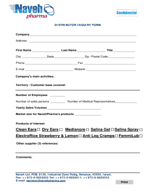 Fillable Online DISTRIBUTOR INQUIRY FORM - bnavehpharmabbcomb Fax Email Print - pdfFiller