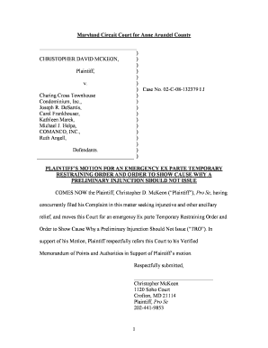 Fillable Online Ex Parte Motion for Temporary Restraining Order - Charing Cross ... Fax Email ...