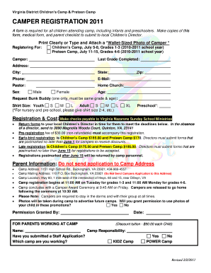 Fillable Online Childrens Camp Preteen Camp CAMPER REGISTRATION 2011 ...