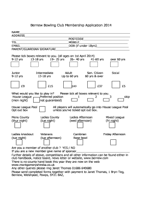Fillable Online Berriew Bowling Club Membership Application 2014 Fax ...