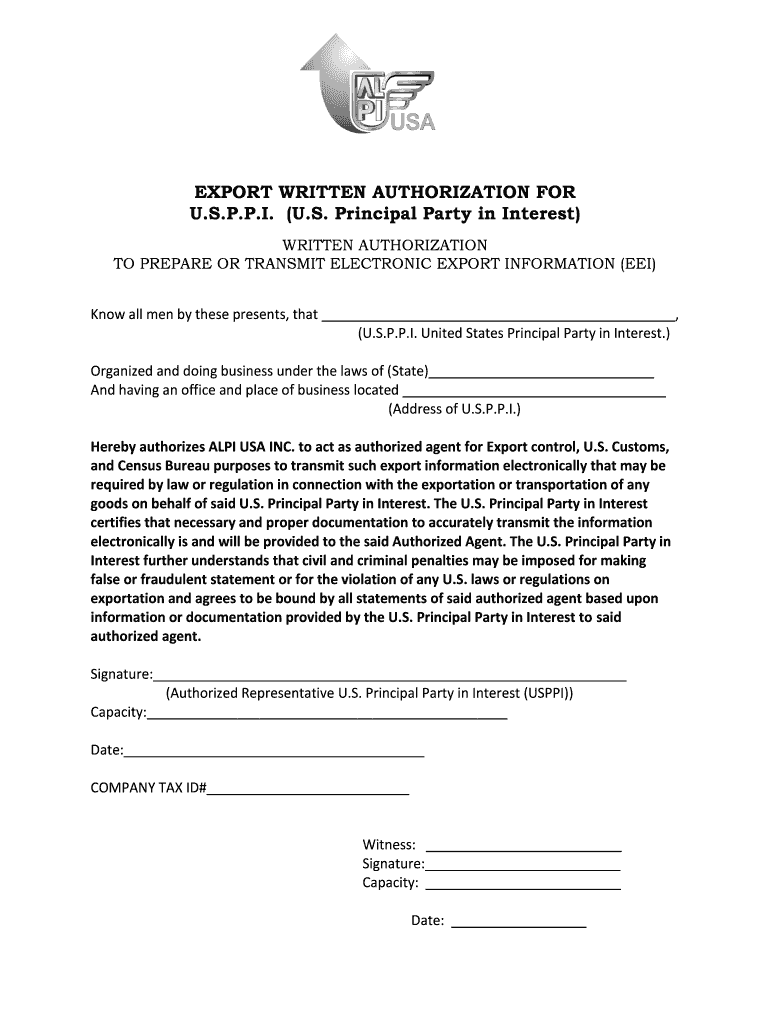 Fillable Online EXPORT WRITTEN AUTHORIZATION FOR USPPI (US ... - Alpi ...