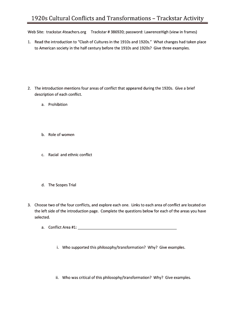 Fillable Online Trackstar Activity - 1920s cultural conflicts Fax Email ...