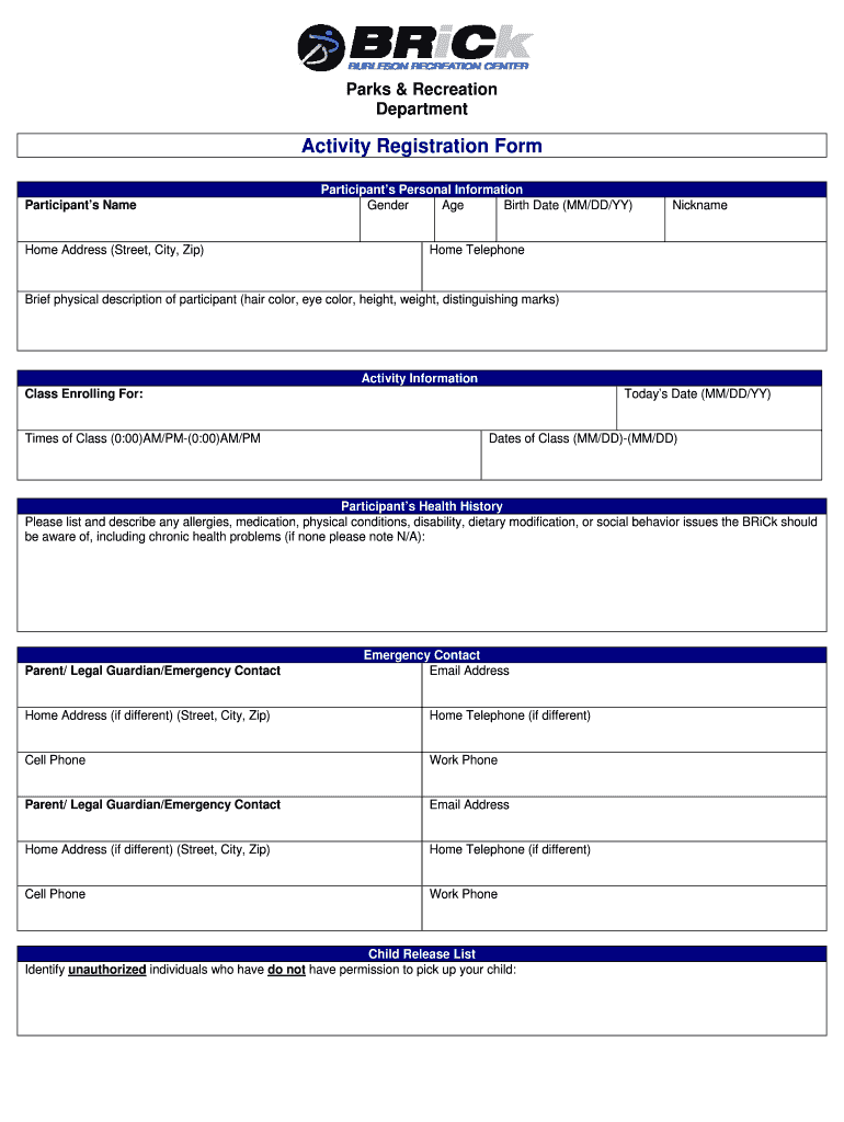 Fillable Online Activity Registration Form - Burleson Fax Email Print ...