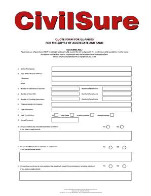 Fillable Online civilsure co QUOTE FORM FOR QUARRIES FOR THE SUPPLY OF ...