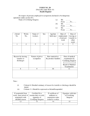 Fillable Online 20 (Prescribe under Rule 15) Health Register (In ...