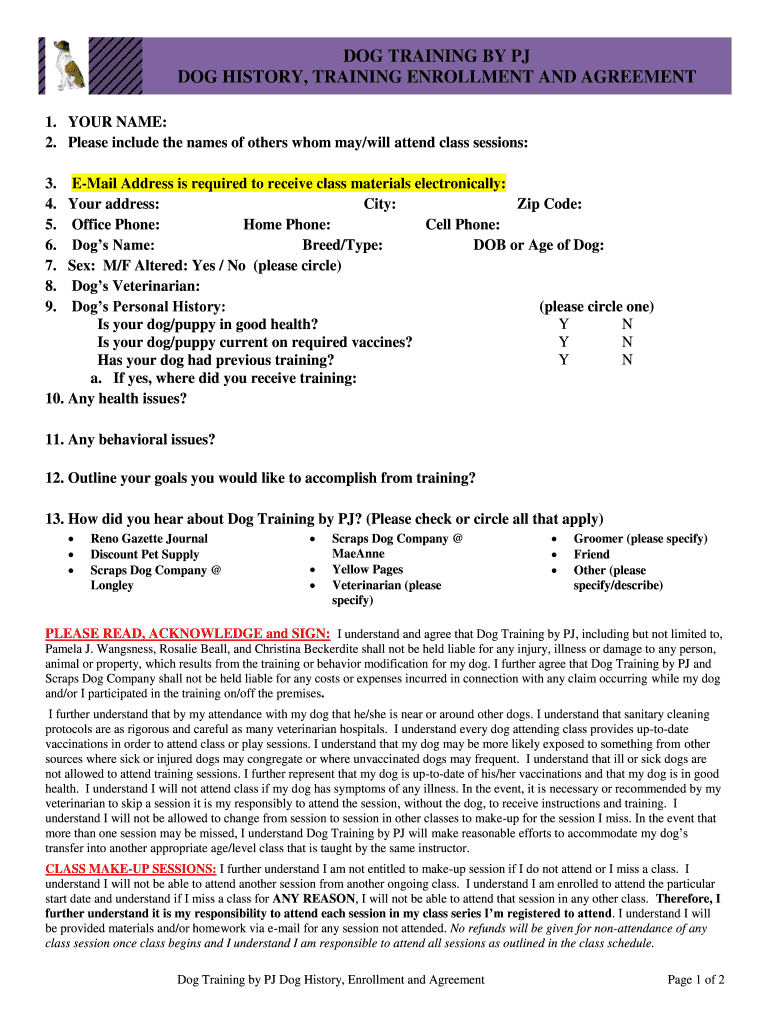 Fillable Online Dog History Form - Dog Training By PJ Fax Email Print ...