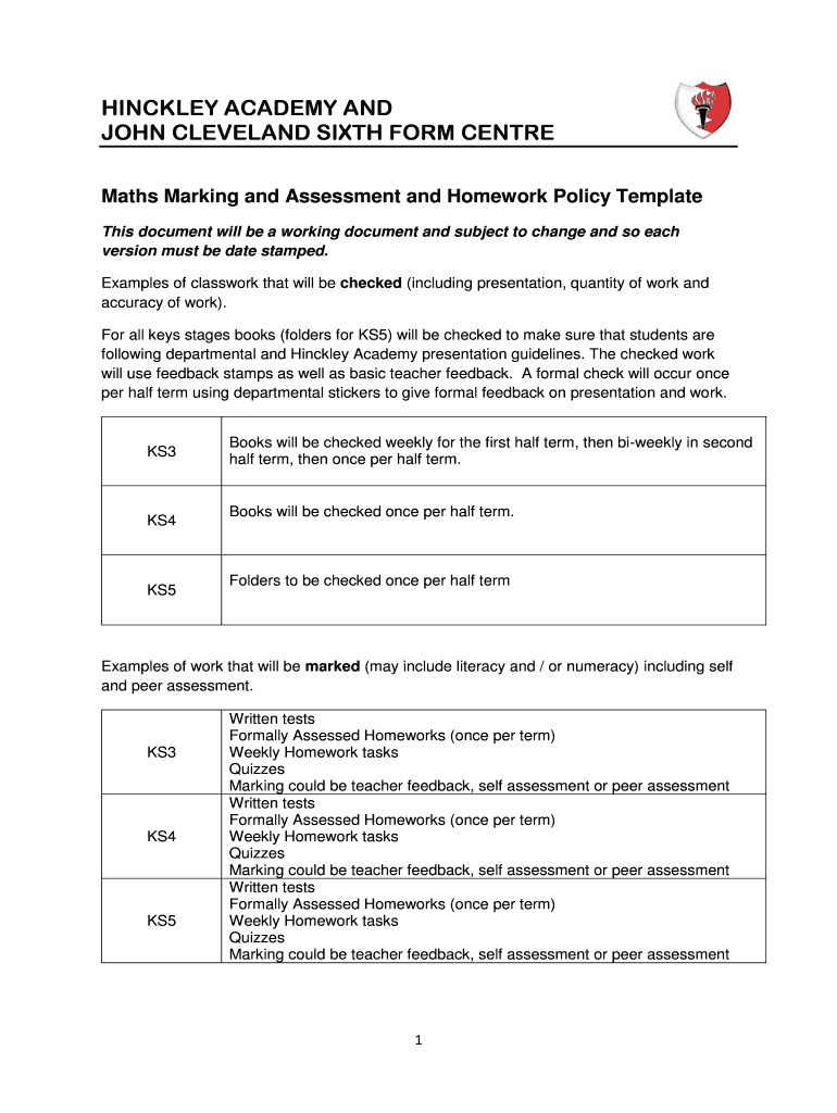 Fillable Online hajc leics sch Maths Marking and Assessment and ...