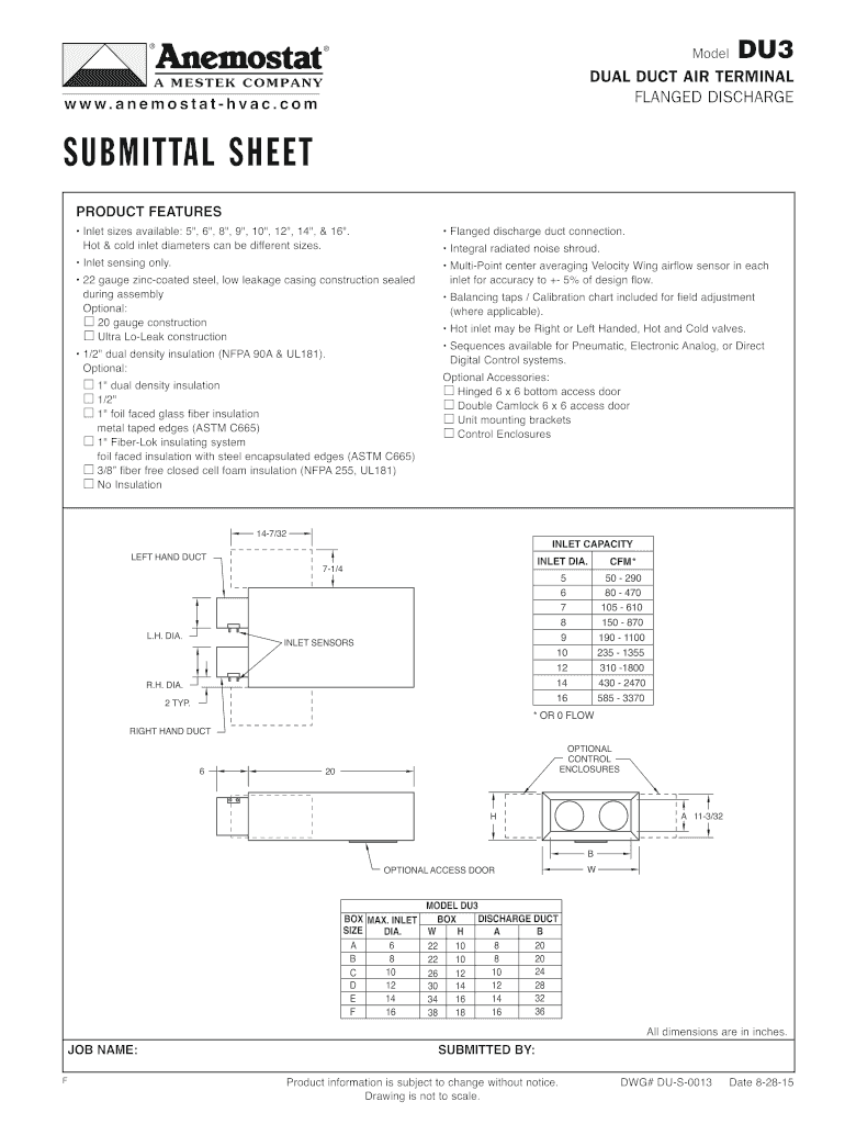 Fillable Online Model DU3 DUAL DUCT AIR TERMINAL FLANGED DISCHARGE www ...