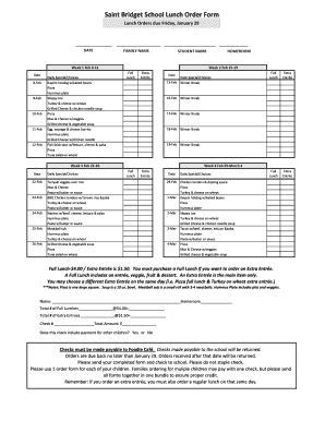Fillable Online saintbridgetschool Saint Bridget School Lunch Order ...