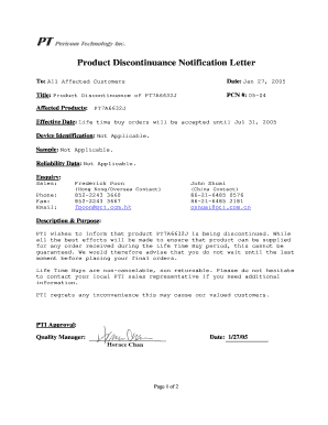 Fillable Online Product Discontinuance Notification Letter Fax Email ...