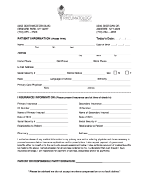 Fillable Online PATIENT INFORMATION - Buffalo Rheumatology Fax Email ...