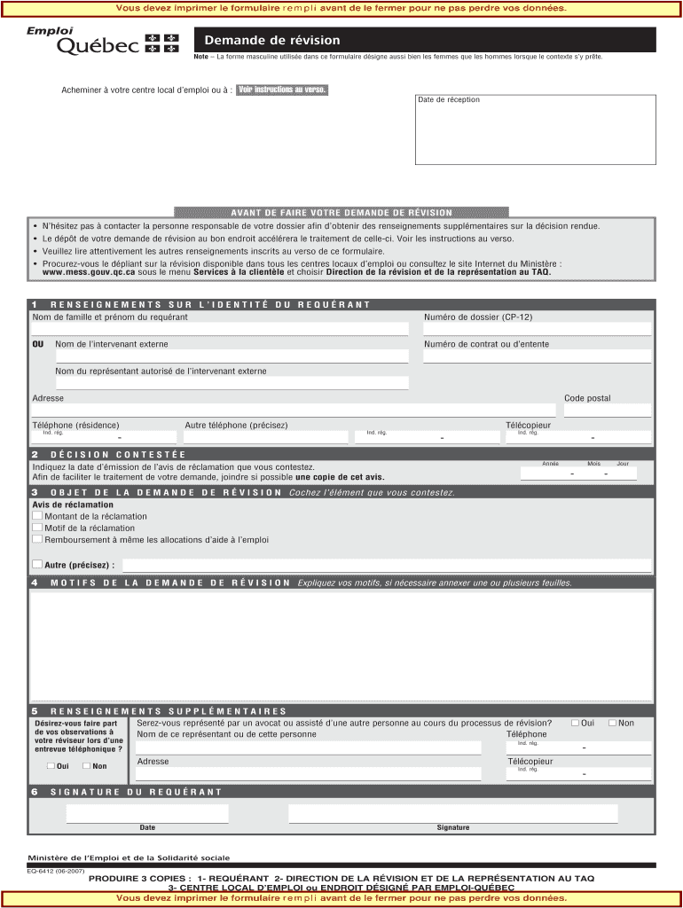 Remplissable En Ligne mess gouv qc Demande de r vision - Minist re du Travail, de l'Emploi et de ...