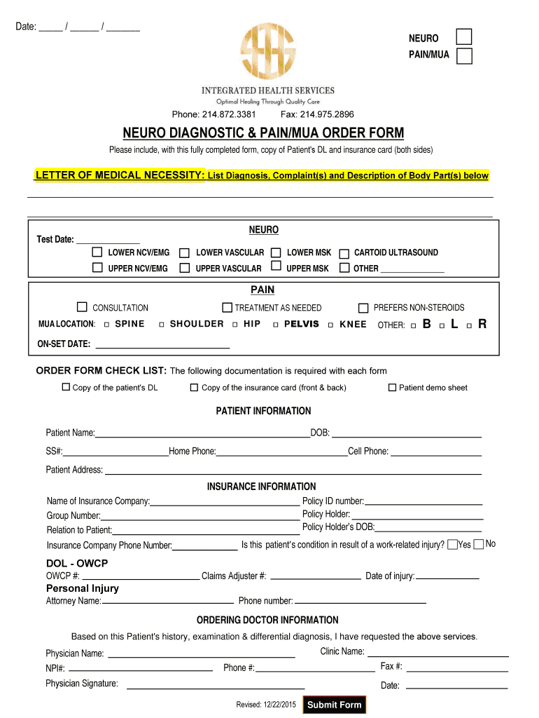 Fillable Online NEURO DIAGNOSTIC amp PAINMUA ORDER FORM Fax Email Print - pdfFiller