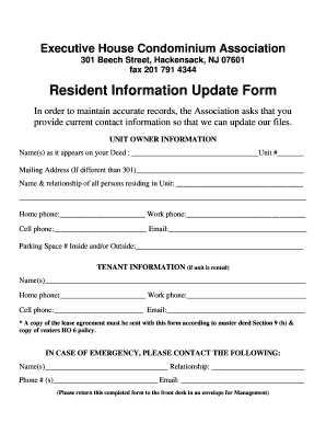 Fillable Online executivehousecondo Resident Information Update Form ...