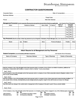 Fillable Online CONTRACTOR QUESTIONNAIRE - Stanhope Simpson Fax Email ...