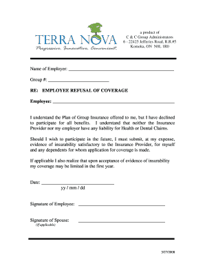 Fillable Online ccinsurance RE EMPLOYEE REFUSAL OF COVERAGE Employee ...