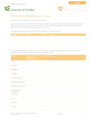 Fillable Online hsgcareer Worksheet Identifying my values ...