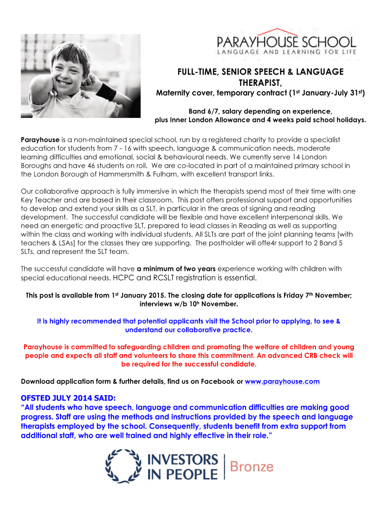 Fillable Online Full-time, senior speech & language therapist ...