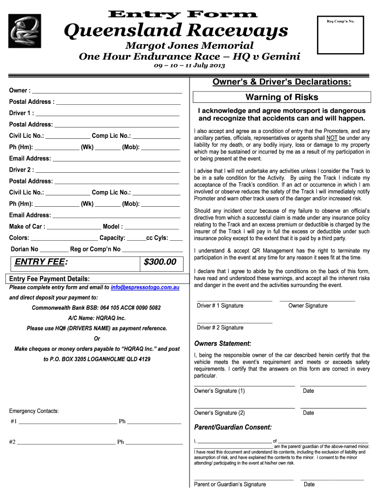 Fillable Online Queensland Raceways - HQ Racing Association of QLD Fax ...