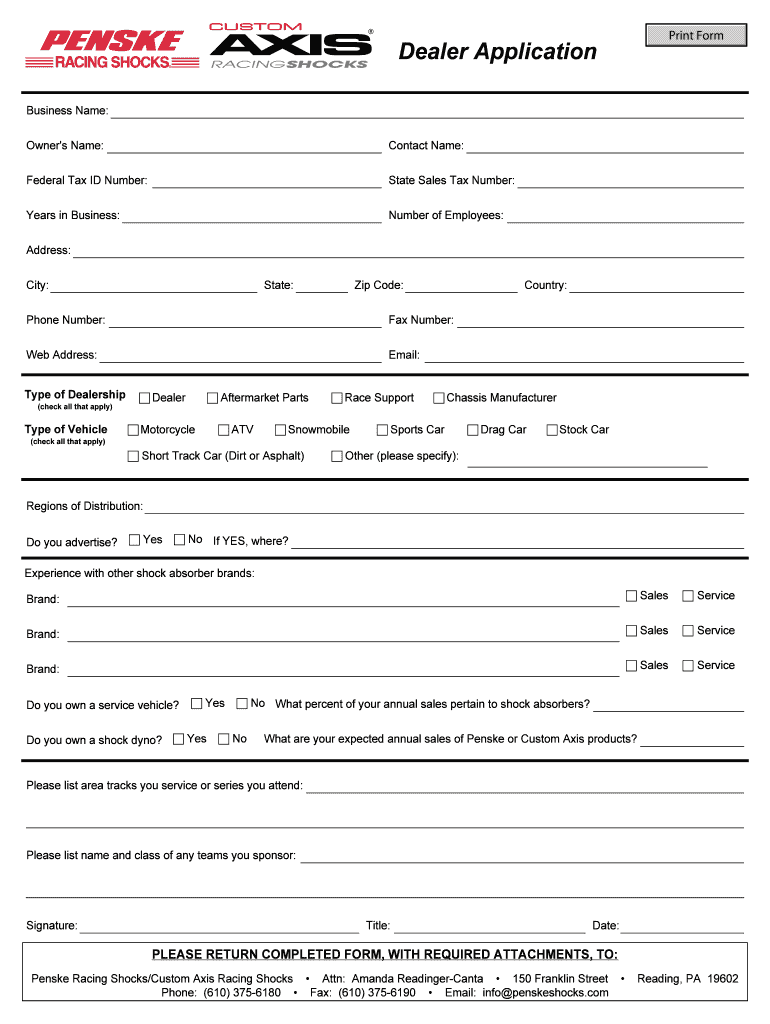 Fillable Online Dealer Application - Penske Shocks Fax Email Print ...